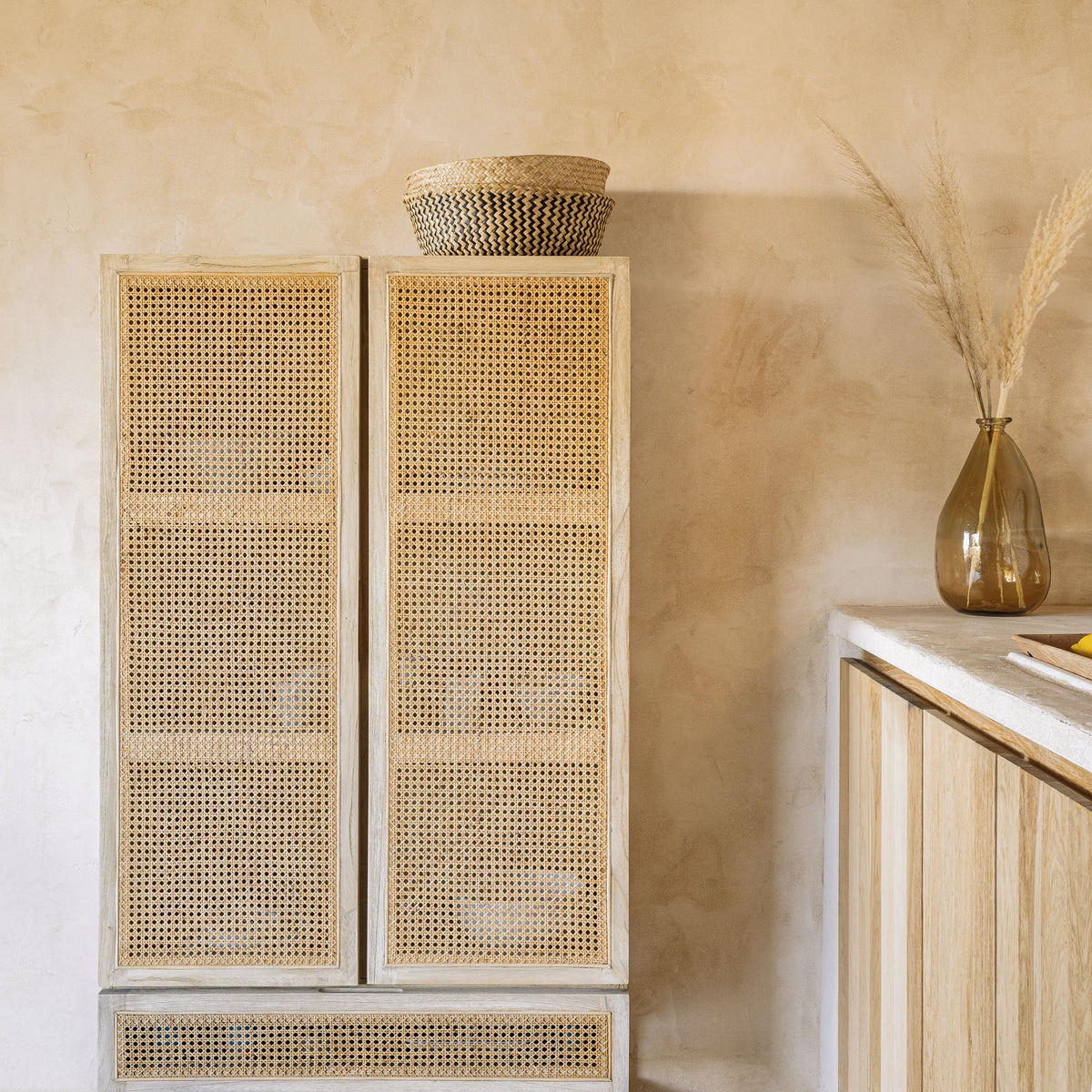 Rexit cabinet made of solid wood and Mindi veneer with rattan 90 x 160 ...